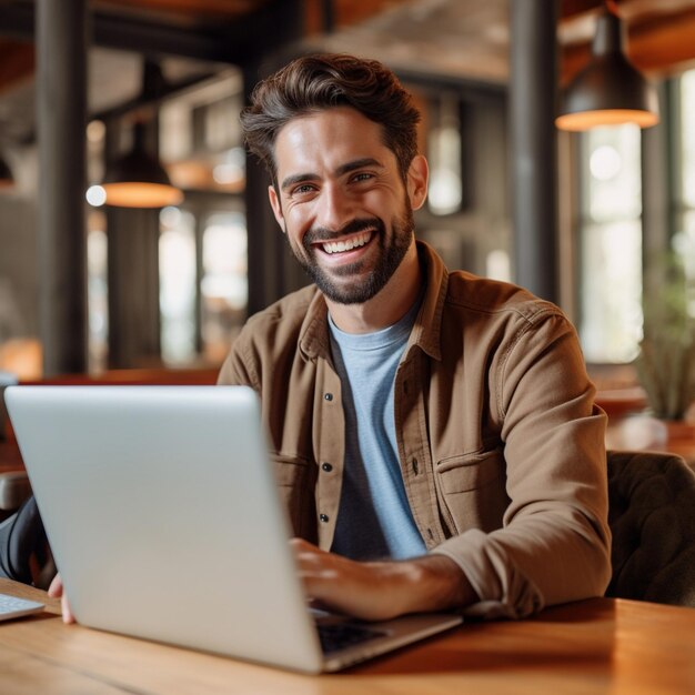 Premium Photo | A man sits at a table with a laptop and smiling. Premium Photo | A man sits at a table with a laptop and smiling.
