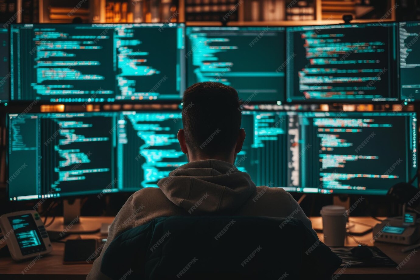 Premium Photo | A man sitting at a desk surrounded by several computer screens engaged in work ...