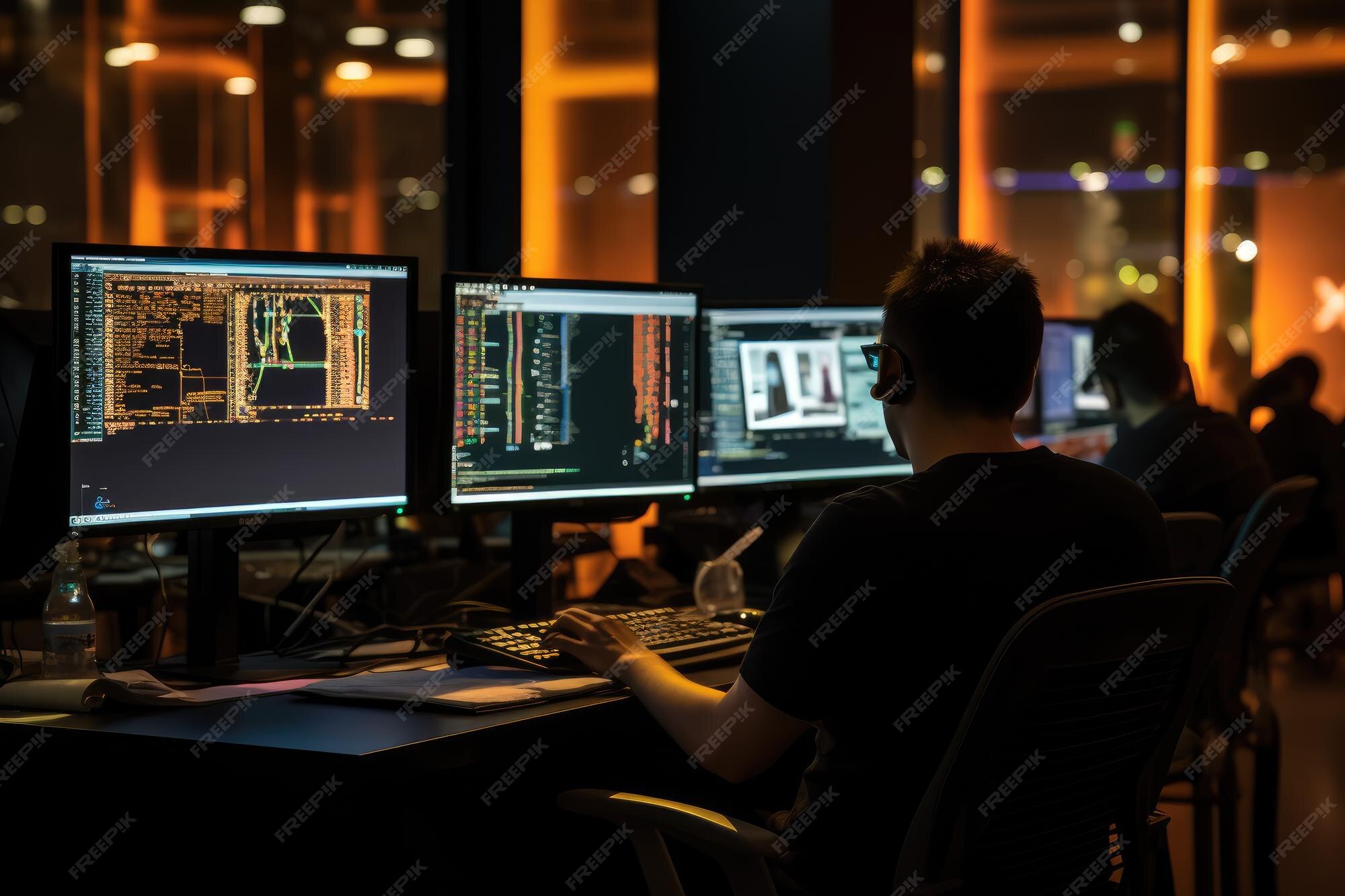 Premium Photo | A man sitting in front of three computer monitors working on multiple tasks ...