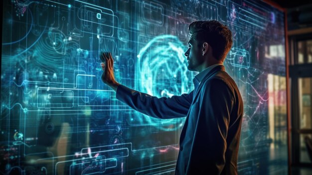 Premium AI Image | A man in a suit points to a screen that says'the ... Premium AI Image | A man in a suit points to a screen that says'the ...