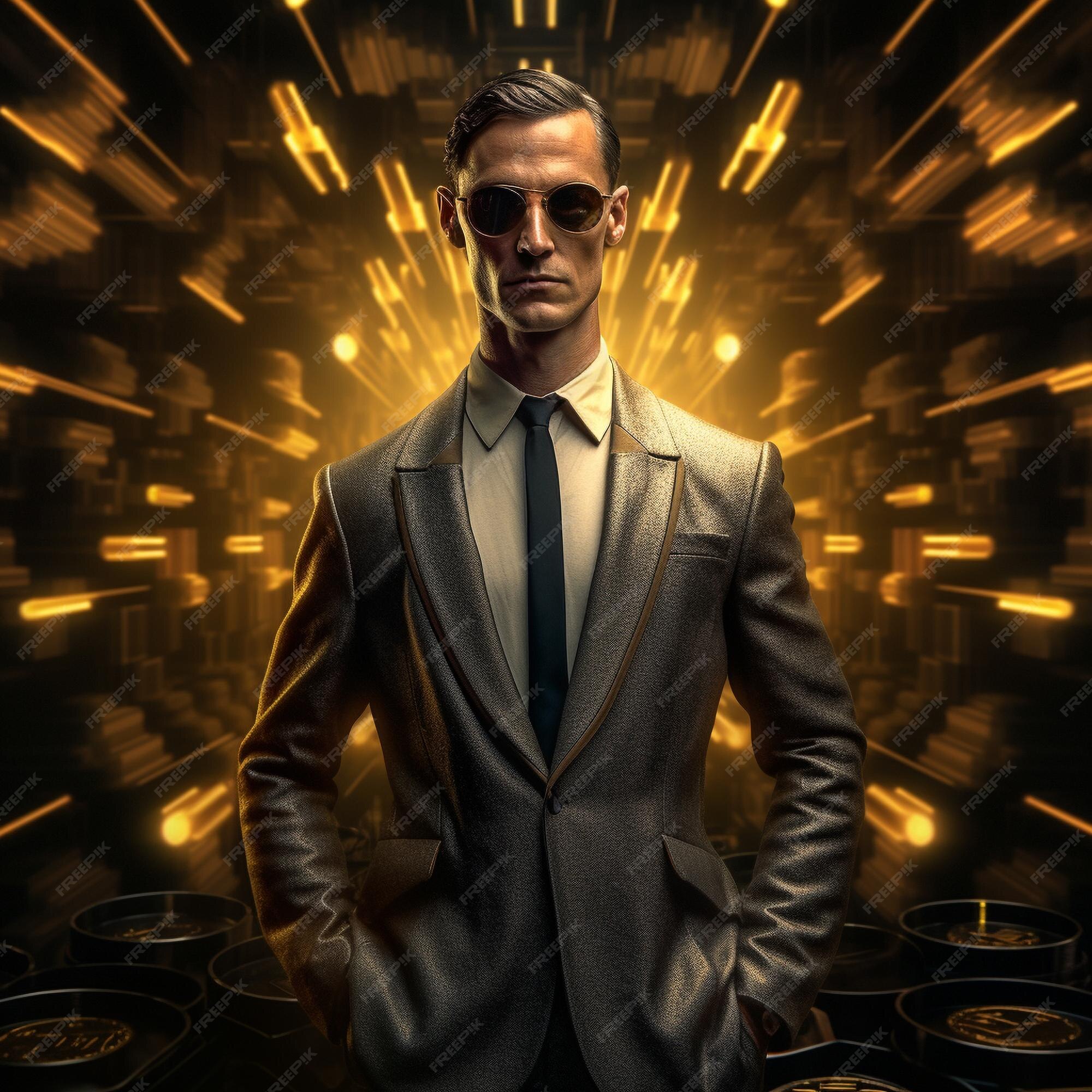 Premium Ai Image A Man In A Suit And Sunglasses Stands In Front Of A