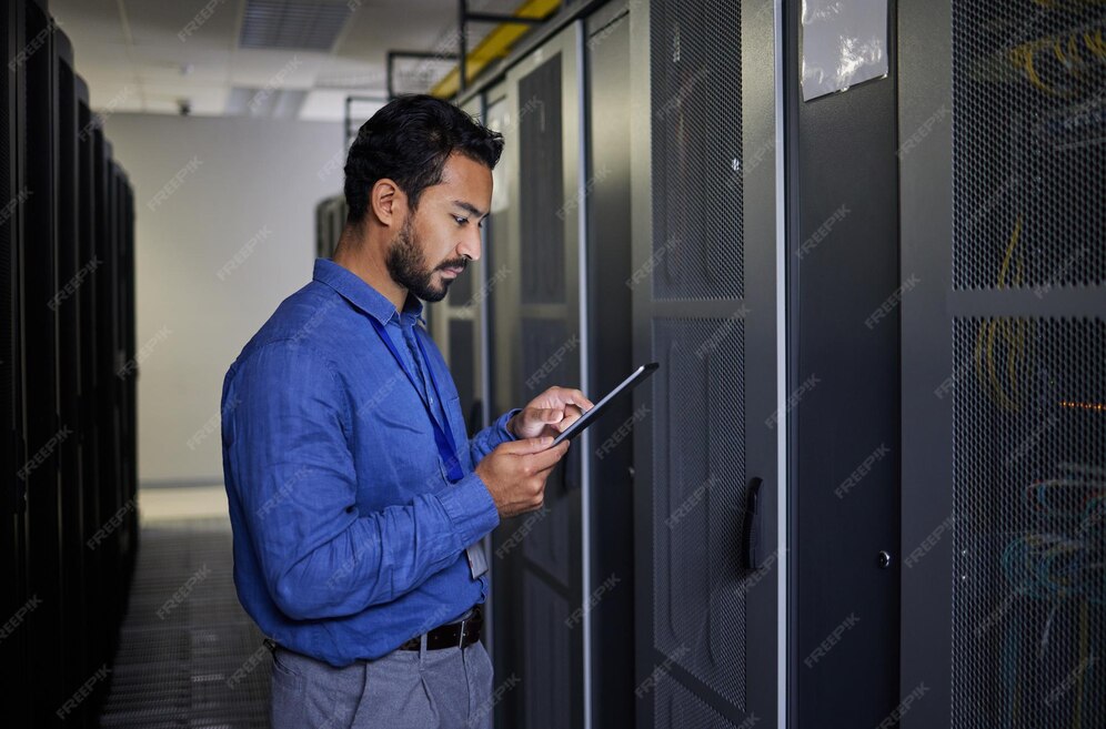 Premium Photo | Man tablet and technician in data center research and programming information ...