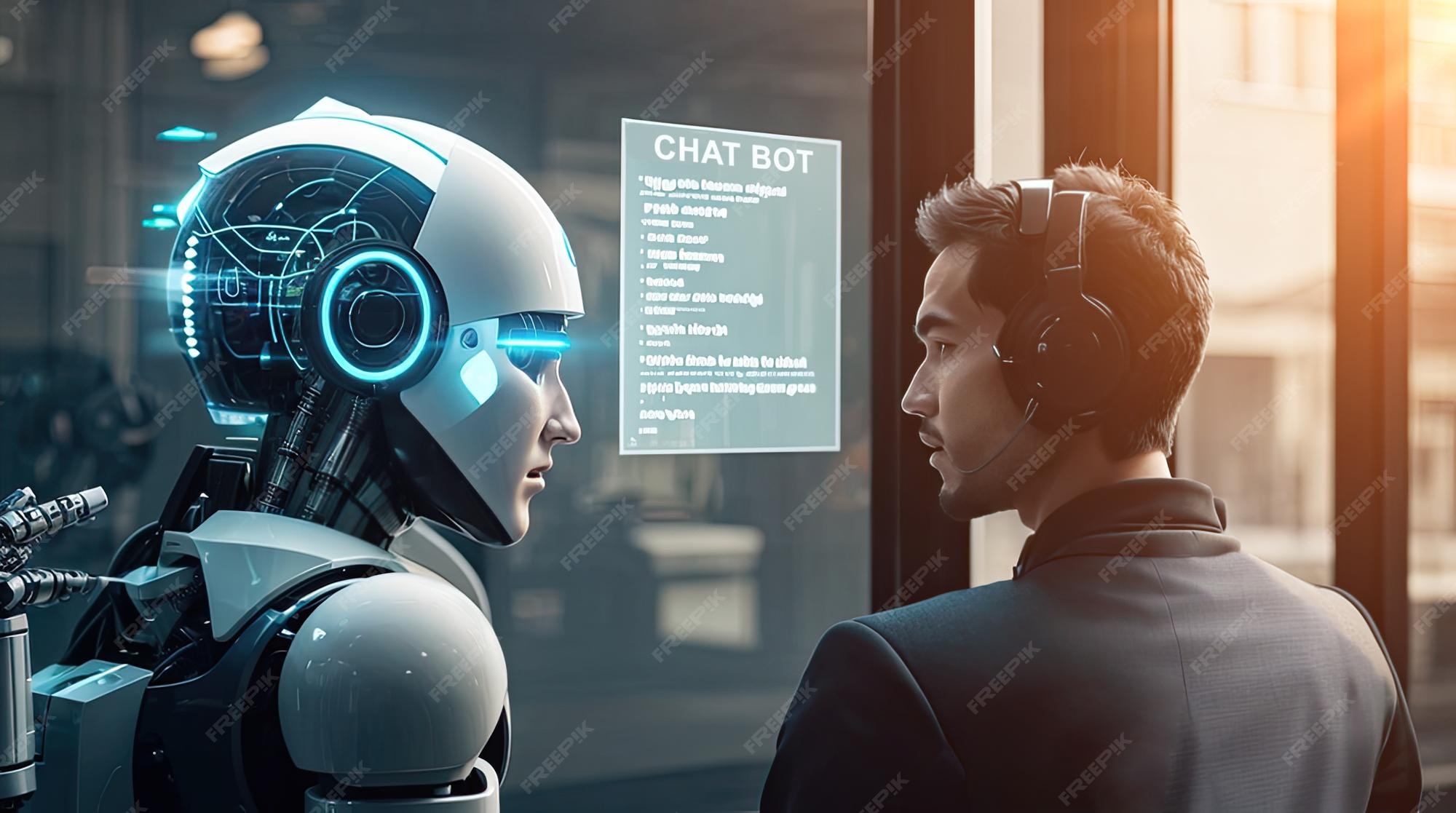 Man talking with robotic ai chat bot ai Artificial Intelligence ...
