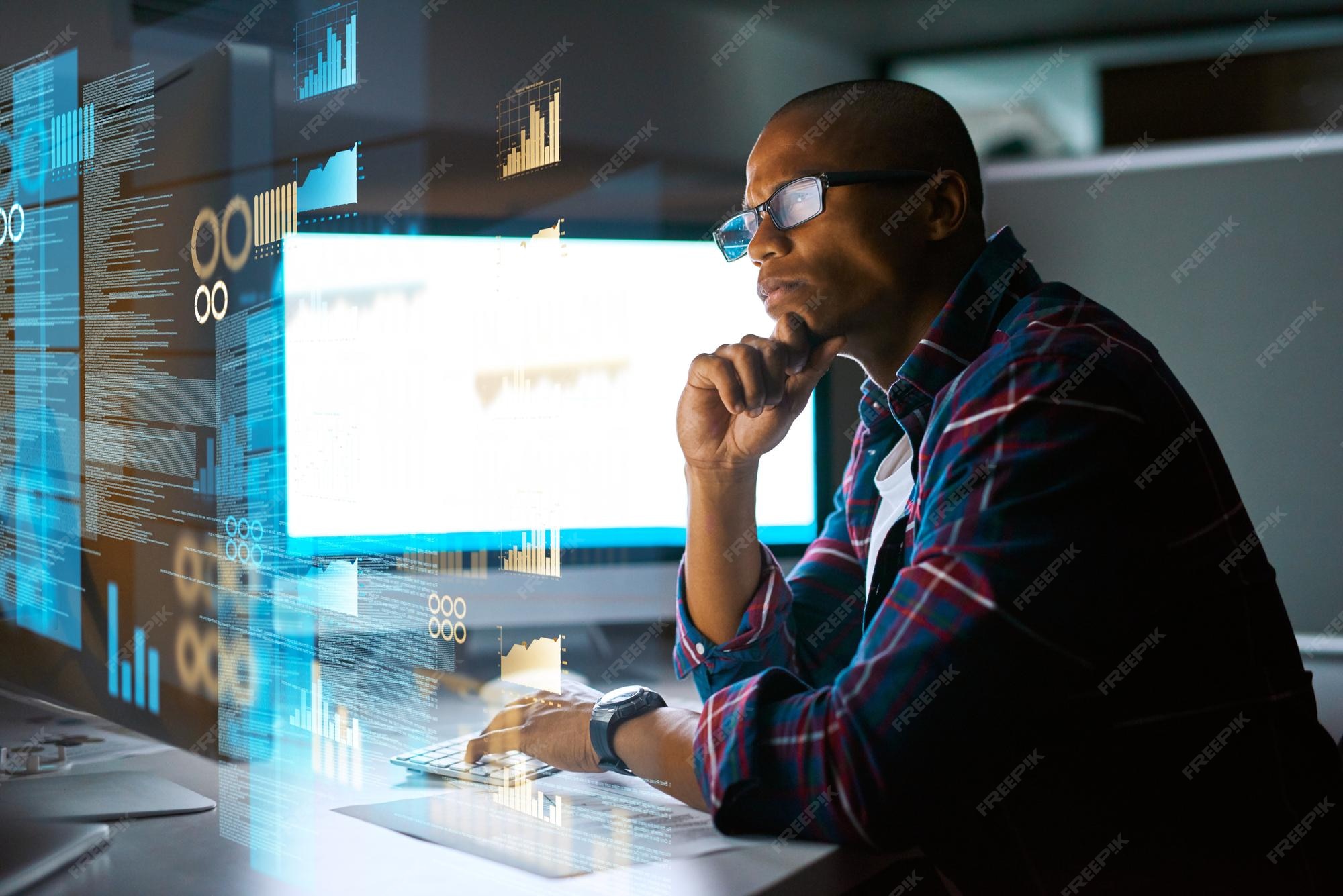 Premium Photo Man Thinking And Programmer In Office With Hologram
