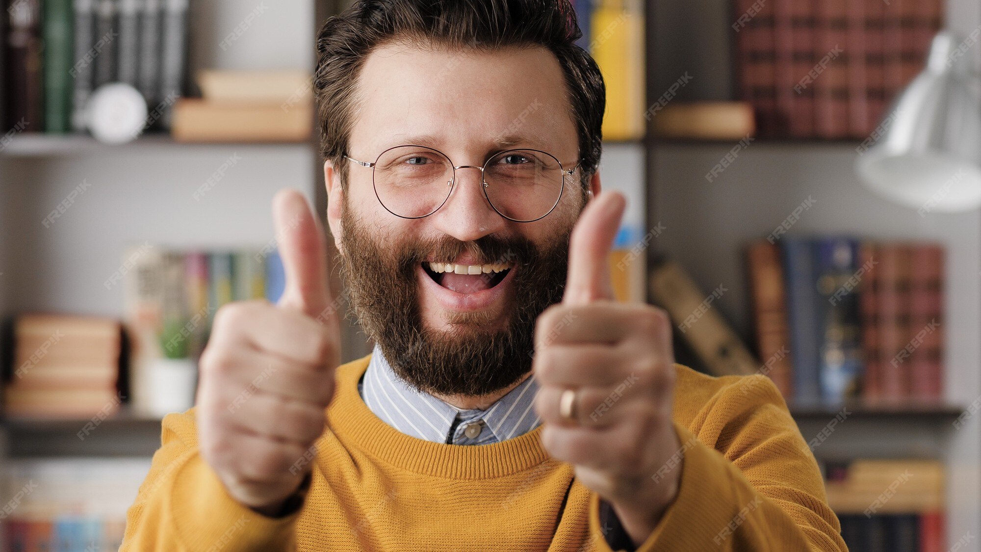 Premium Photo Man Thumb Up Positive Laughing Bearded Man In Glasses