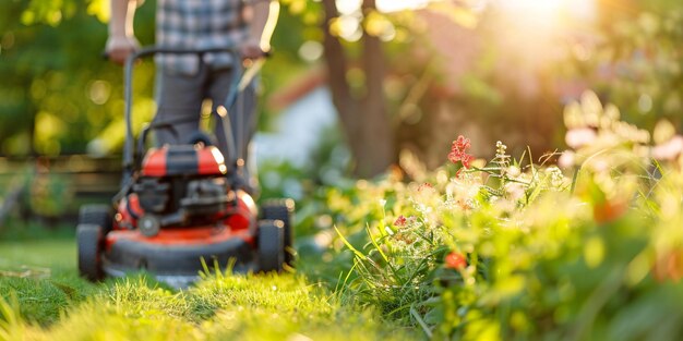 Man Trimming Verdant Turf With Lawn Cutter In Yard Focused Shot Premium Ai Generated Image