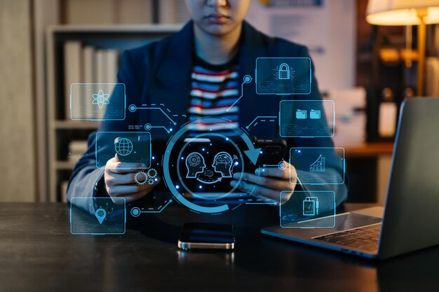 Premium Photo | Man using chatbot in computer and tablet smart intelligence AiChat with AI ...