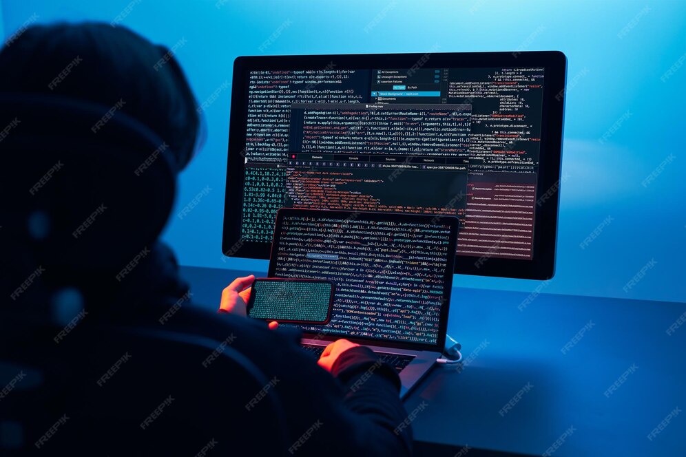 Premium Photo | Man using computer and programming to break code cyber security threat internet ...