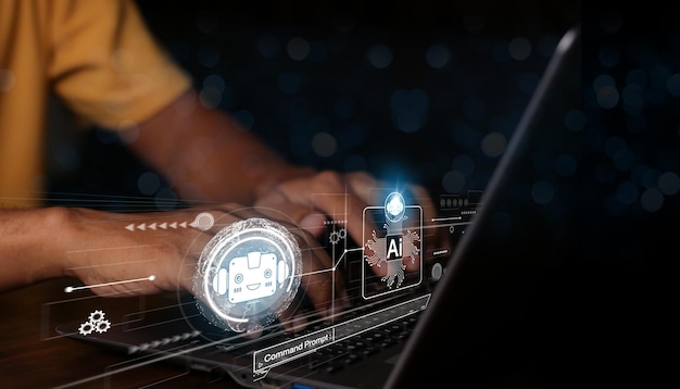 Premium Photo | Man using technology smart robot ai artificial intelligence by enter command ...