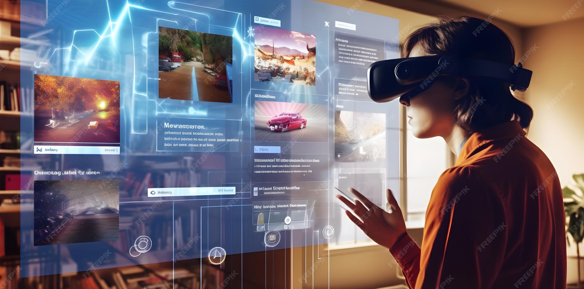 Premium AI Image | Man using VR headset and looking on virtual ar user interface UI with ...