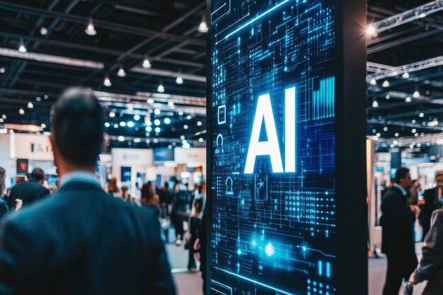 Man Walking Past AI Display at a Technology Conference | Premium AI ... Man Walking Past AI Display at a Technology Conference | Premium AI ...