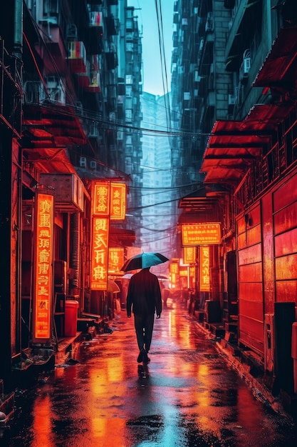 Premium AI Image | Man walking through a rain drenched street Premium AI Image | Man walking through a rain drenched street