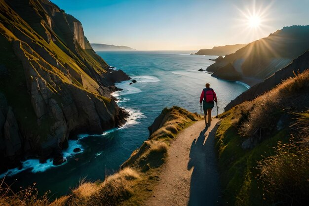 Premium AI Image | A man walks along a path along the coast. Premium AI Image | A man walks along a path along the coast.