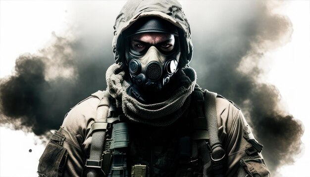 Premium Photo A Man Wearing A Gas Mask Stands In Front Of A Cloud Of
