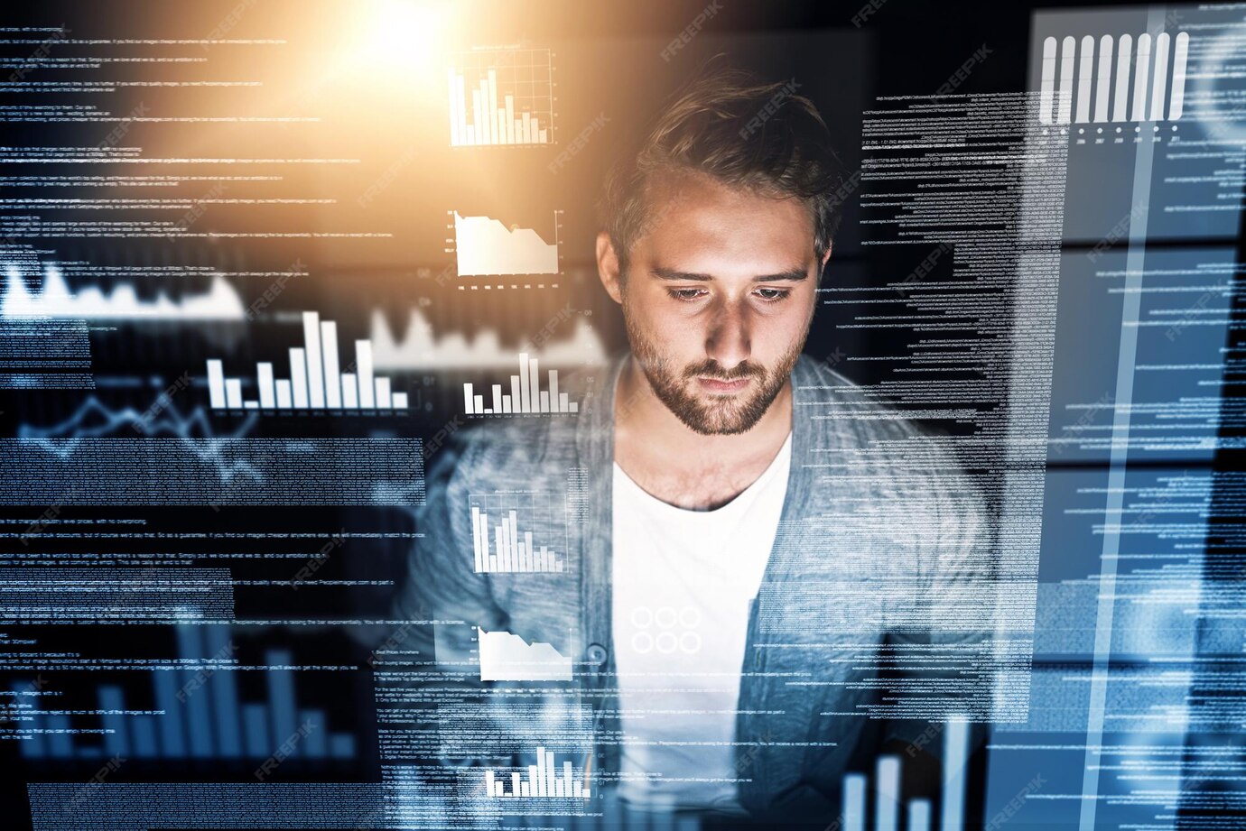 Premium Photo | Man web design and overlay for coding software statistics and fintech or ...