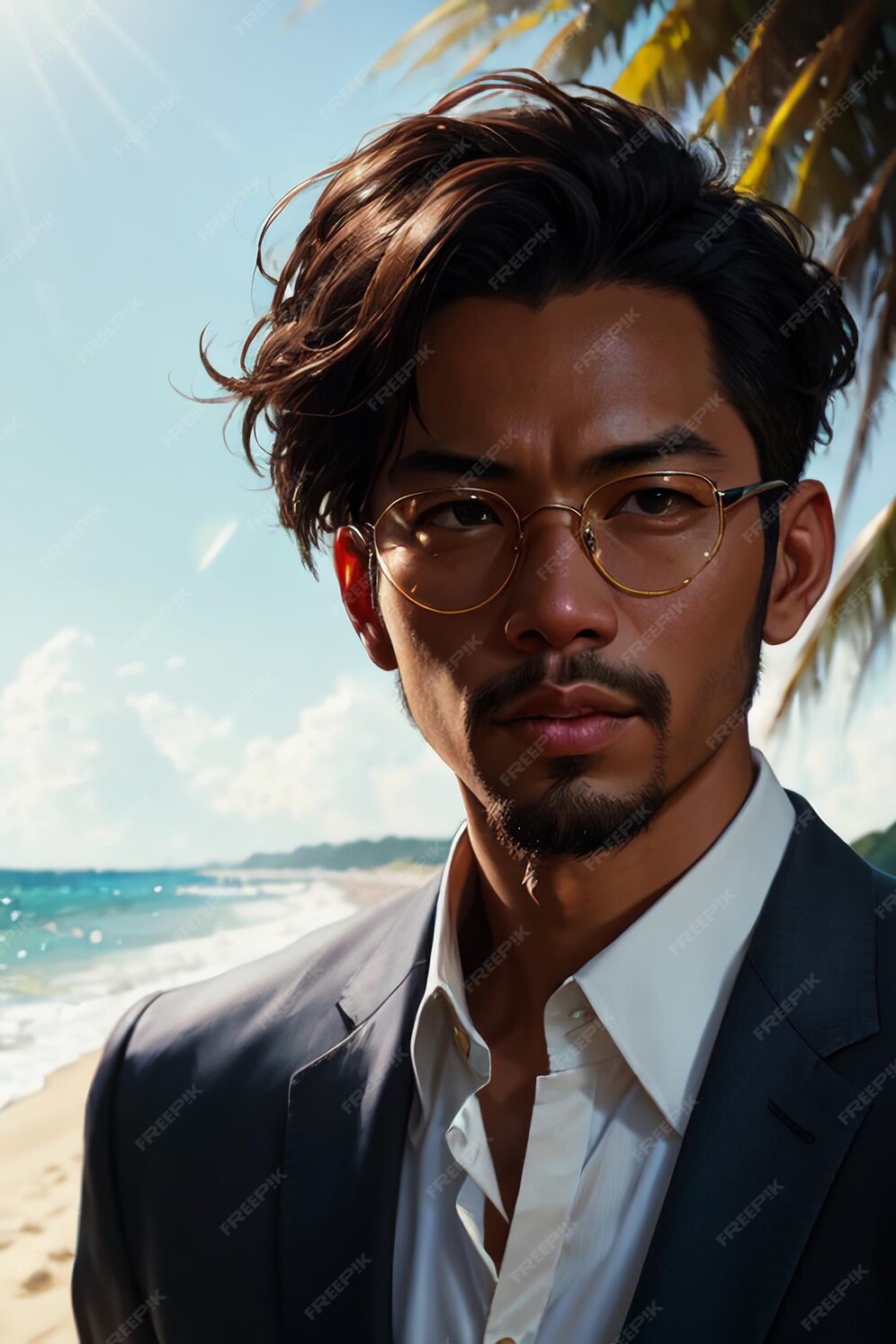 Premium Ai Image A Man With Glasses On His Face On A Beach