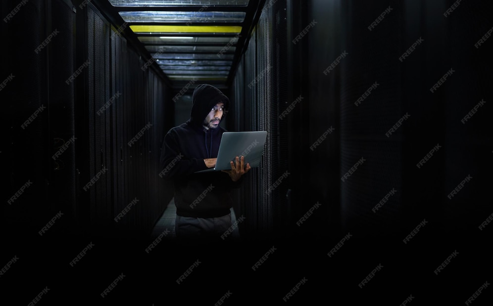 Premium Photo Man With Laptop Hacker And Dark Web For Cyber Security Server And Browse