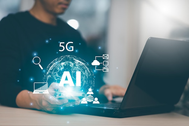 인공 지능ai이 있는 태블릿과 노트북을 가진 남자 빅 데이터 네트워크 기계 학습 및 어두운 배경에 대한 데이터 인공 지능 기술 혁신 및 미래 프리미엄 사진