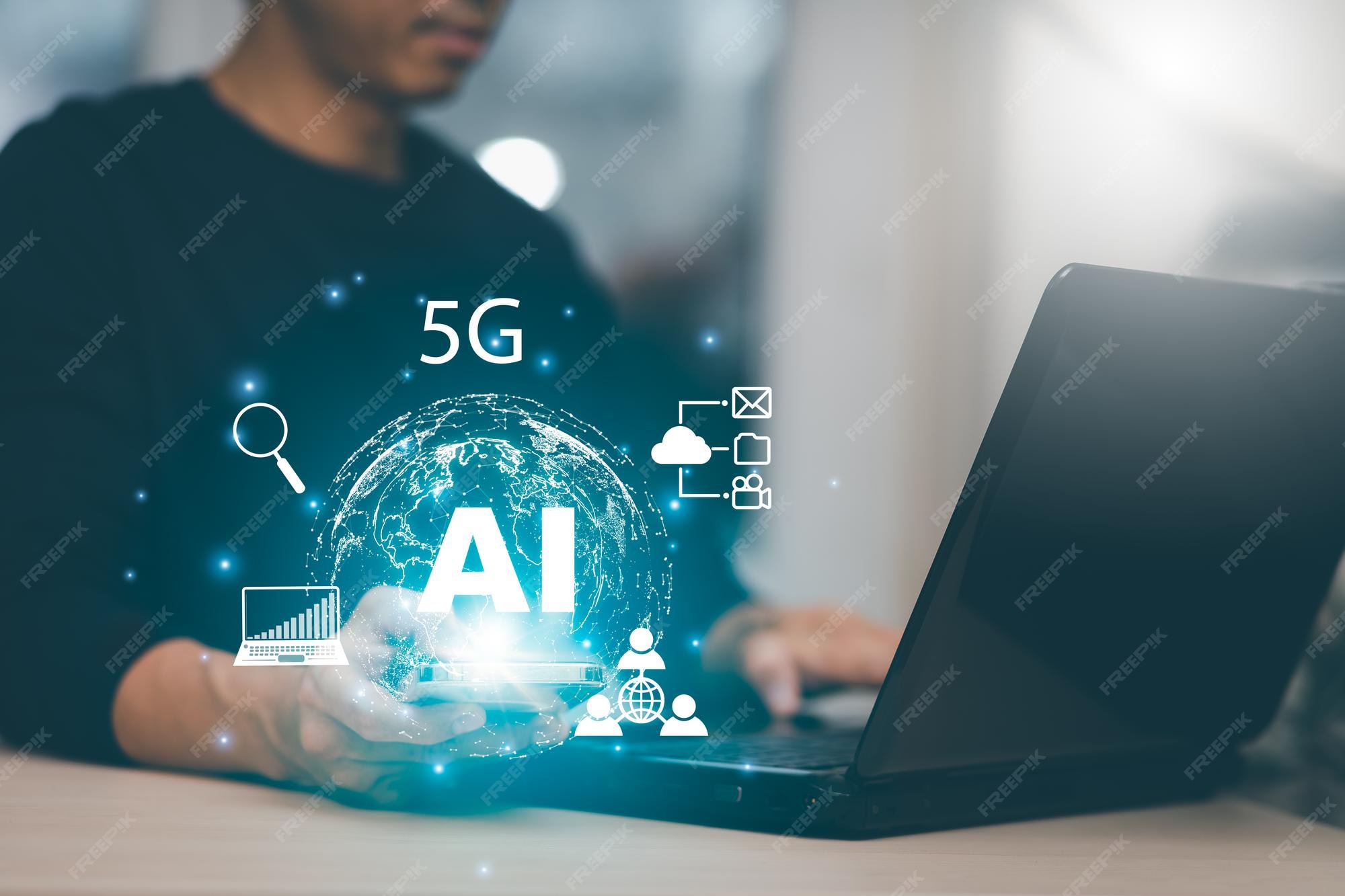 인공 지능ai이 있는 태블릿과 노트북을 가진 남자 빅 데이터 네트워크 기계 학습 및 어두운 배경에 대한 데이터 인공 지능 기술 혁신 및 미래 프리미엄 사진