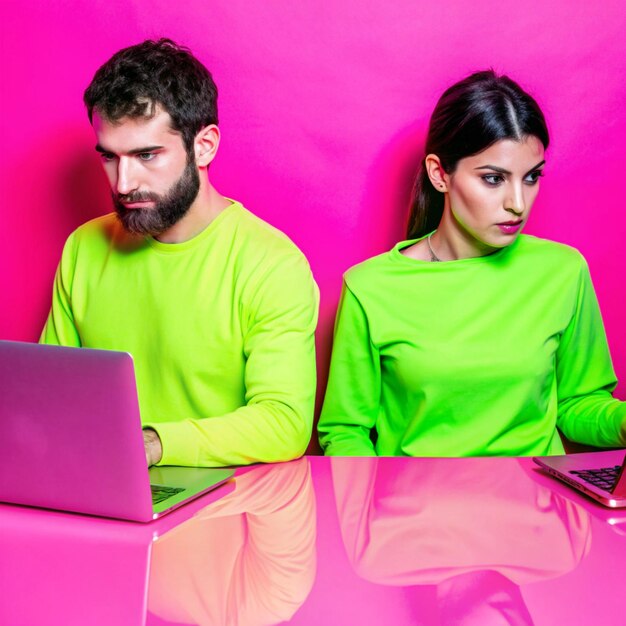 A Man And A Woman Sitting In Front Of A Laptop Premium Ai Generated Image