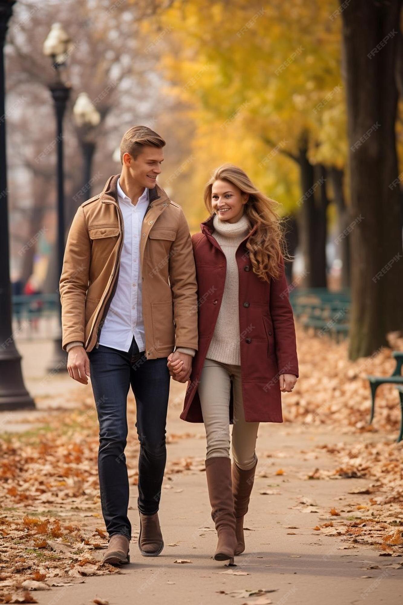 Premium Photo A Man And A Woman Walking Down A Sidewalk