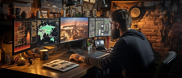 Premium Ai Image A Man Working As A Trader Uses A Computer With 5569