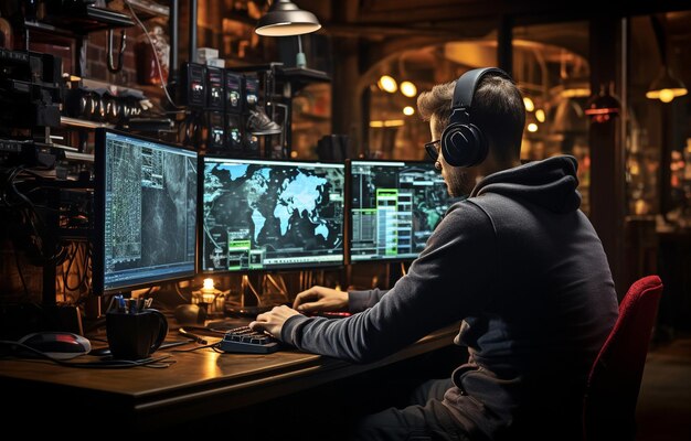 Premium AI Image | A man working as a trader uses a computer with multiple monitors to display ...