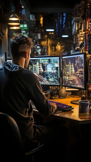 Premium AI Image | A man working as a trader uses a computer with multiple monitors to display ...