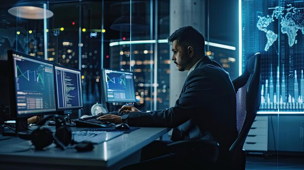 Man working at a computer in a modern office at night Screens coding ...