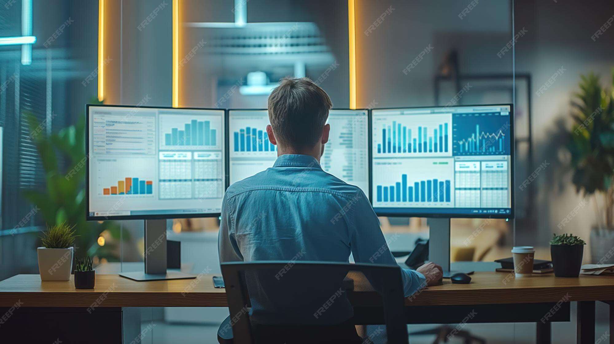 Man at a workstation with multiple screens displaying data analysis representing focus and data ...