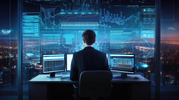 Premium Photo | Manager analyzing financial data and screens displaying ... Premium Photo | Manager analyzing financial data and screens displaying ...
