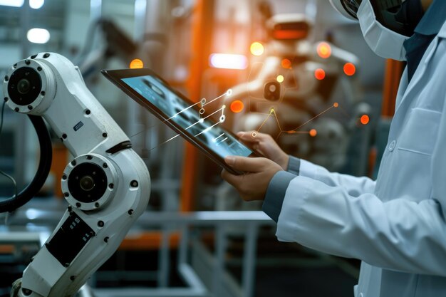 Premium Photo | Manager oversees industrial robotics with AI and automation Premium Photo | Manager oversees industrial robotics with AI and automation