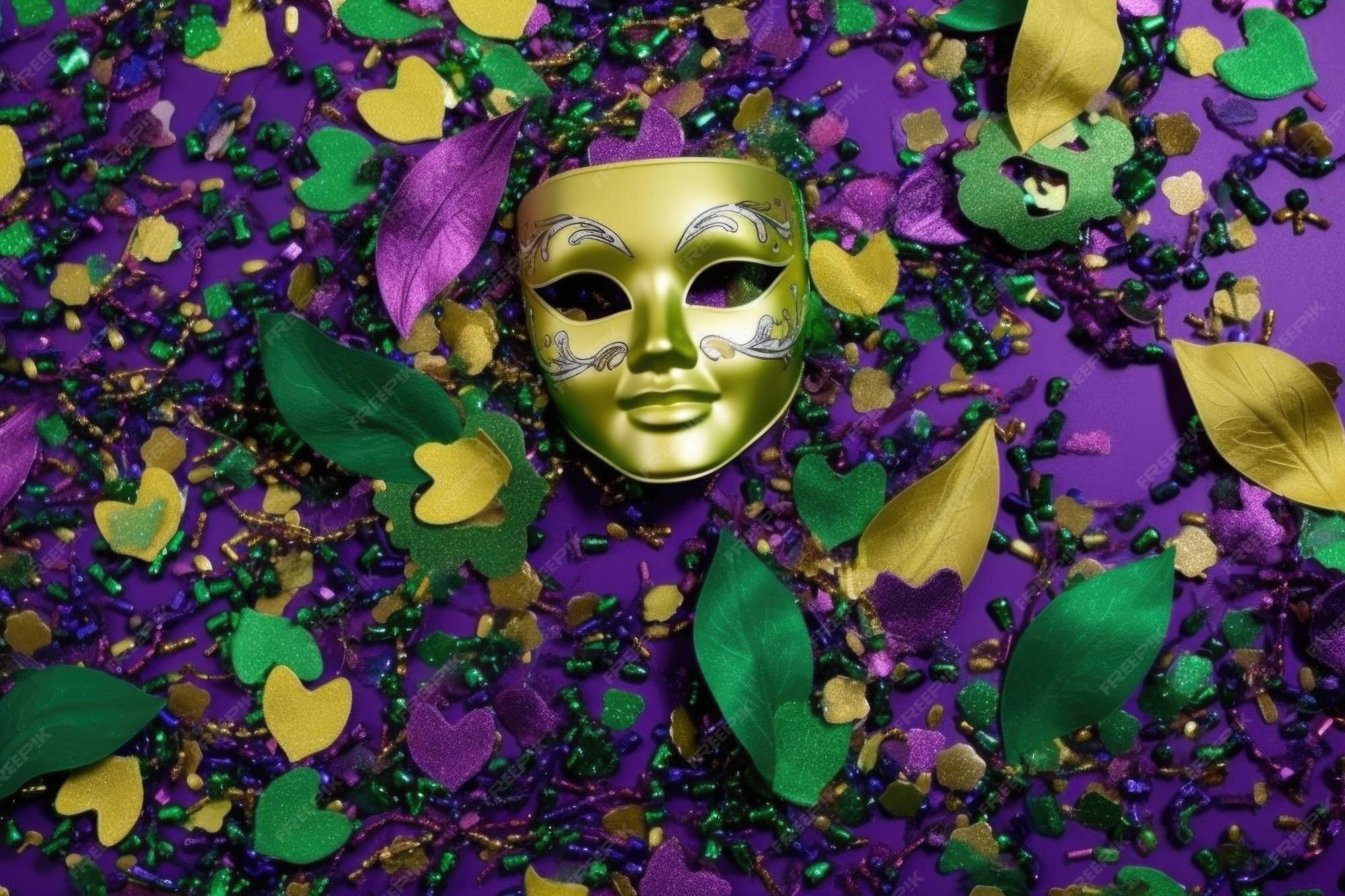 Premium Ai Image Mardi Gras Masks And Confetti On A Purple Green And Gold Backdrop Created