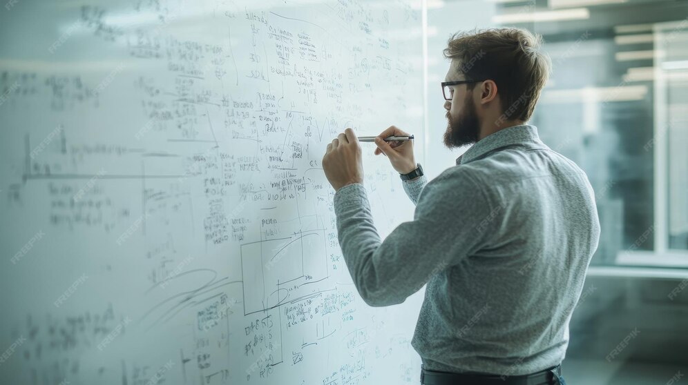 Mathematician solving complex equations on a whiteboard | Premium AI ... Mathematician solving complex equations on a whiteboard | Premium AI ...
