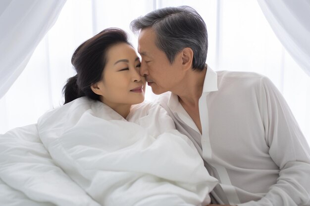 Premium Ai Image Mature Asian Romantic Couple Sleeping And Hugging In Bed Covered With Blanket