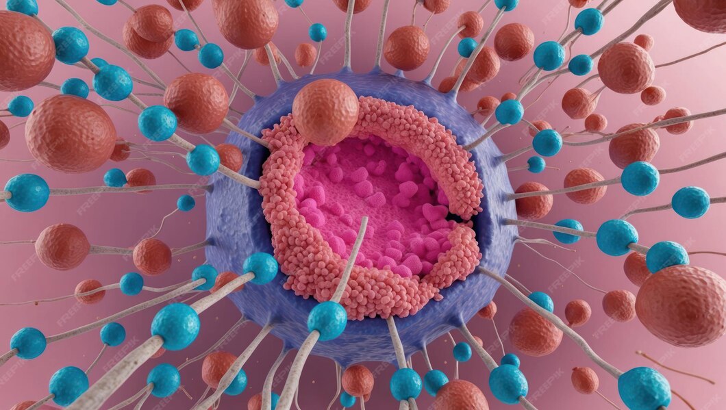 Microscopic view of a virus amidst cells illustrating infection and ... Microscopic view of a virus amidst cells illustrating infection and ...