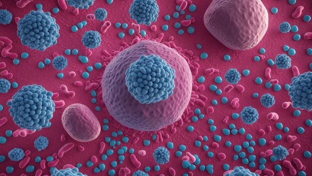 Microscopic view of a virus amidst cells illustrating infection and ... Microscopic view of a virus amidst cells illustrating infection and ...
