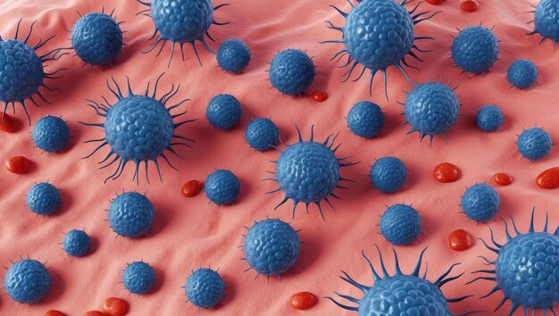 Microscopic view of a virus amidst cells illustrating infection and ... Microscopic view of a virus amidst cells illustrating infection and ...