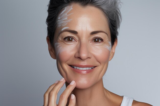 Premium Photo Middle Aged Woman Applying Antiaging Cream On Her Face
