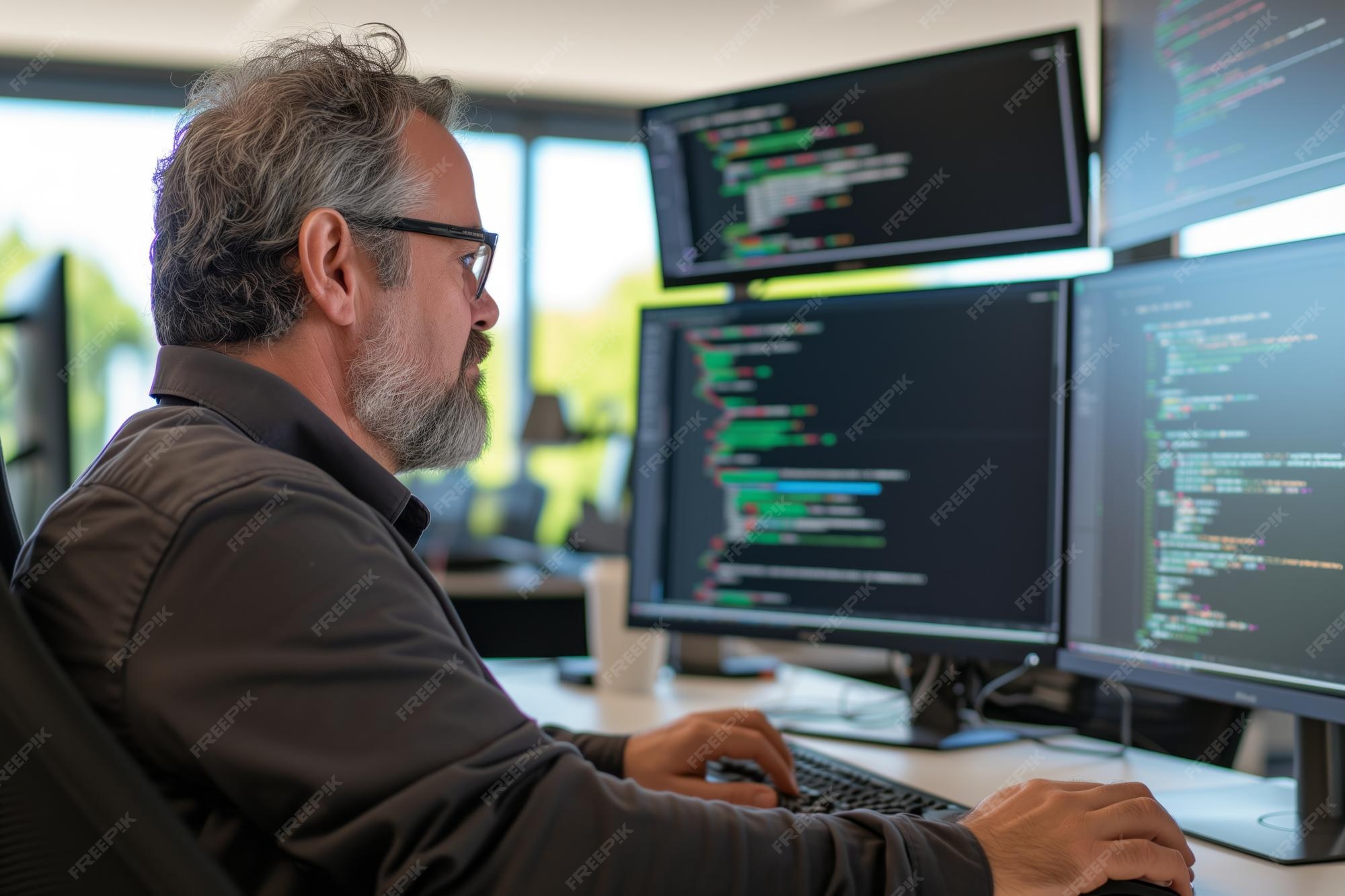 Premium Photo Middleaged Coder With Three Monitors Coding