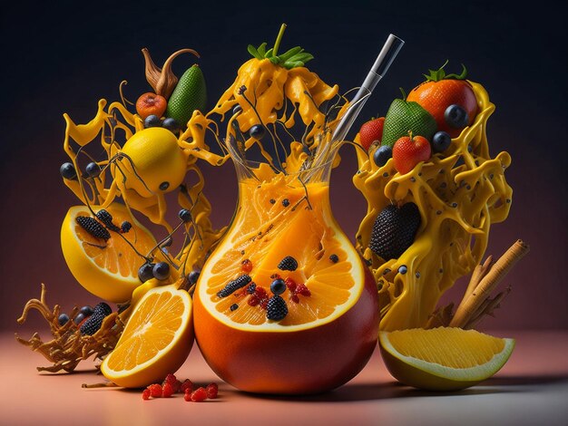 Premium AI Image | mixed fruit falling in colorful juices splashing Premium AI Image | mixed fruit falling in colorful juices splashing