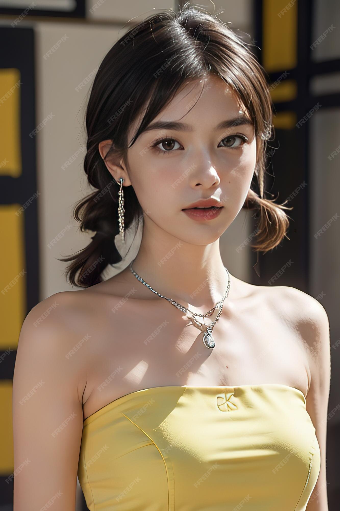 Premium Photo A Model Wearing A Yellow Dress With A Cross On The Neck
