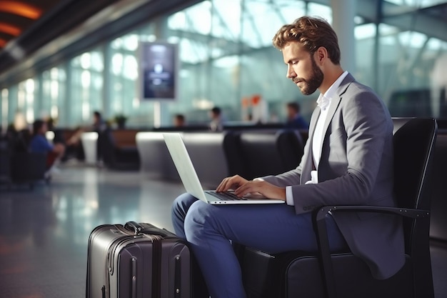 Premium AI Image | Modern Airport Terminal Handsome Businessman Working ... Premium AI Image | Modern Airport Terminal Handsome Businessman Working ...
