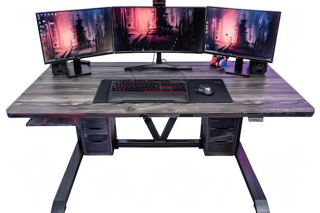 Premium Photo | Modern Computer Desk Setup With Triple Monitors and Keyboard A modern computer ...