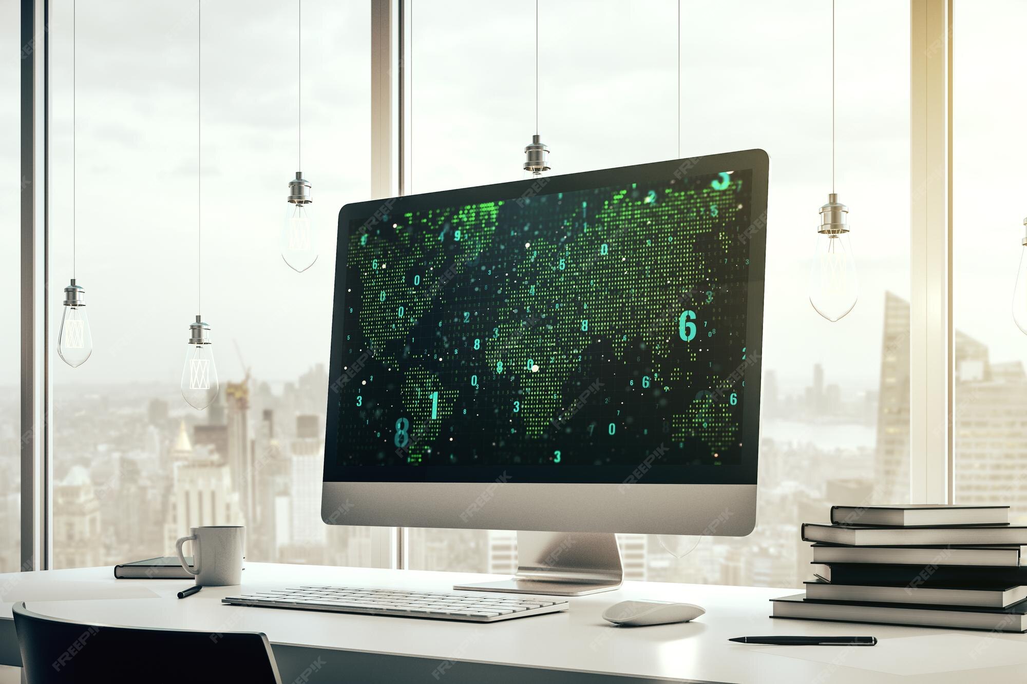 Premium Photo | Modern computer monitor with abstract programming language with world map ...