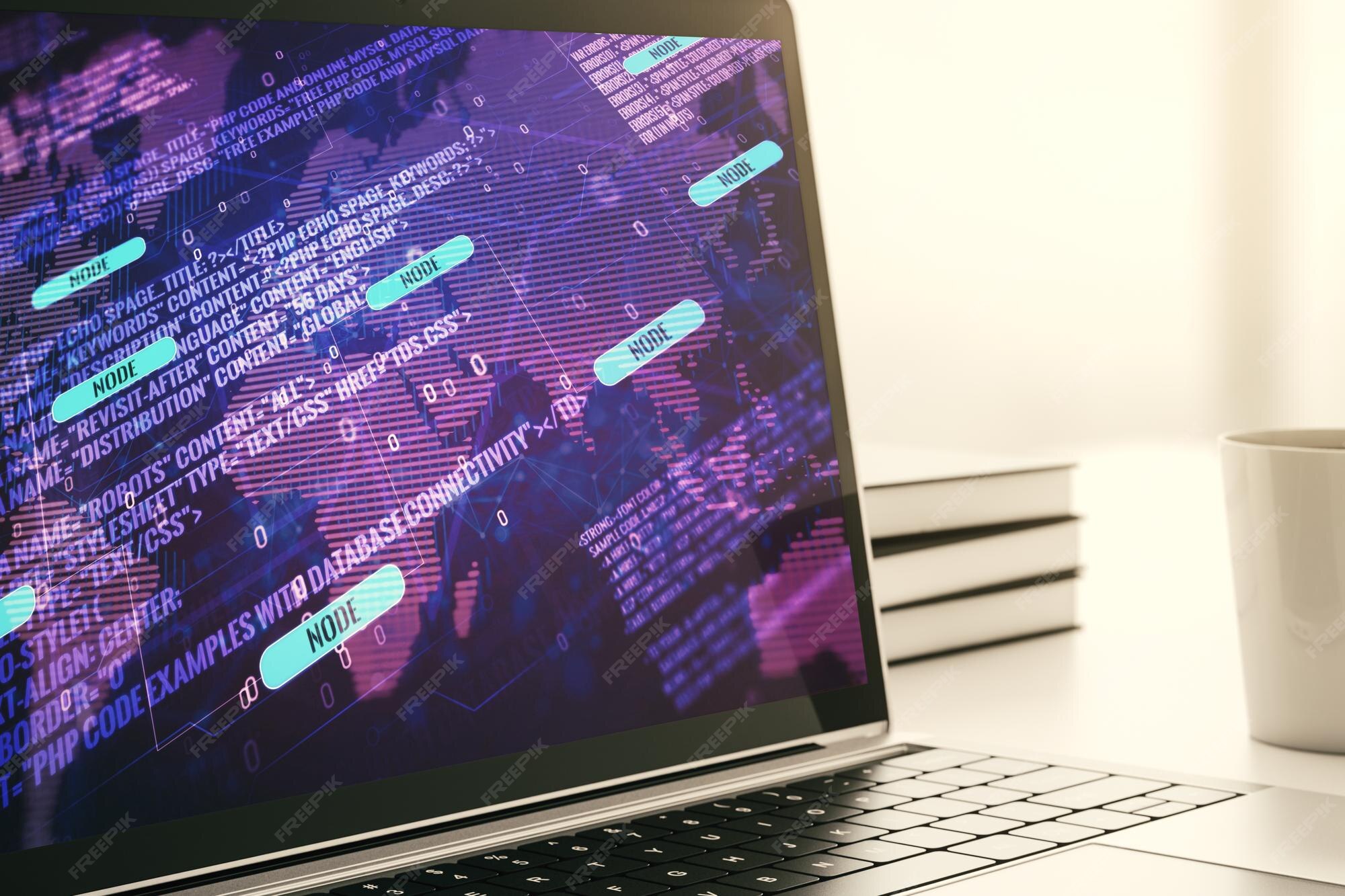 Premium Photo | Modern computer monitor with abstract programming language with world map ...