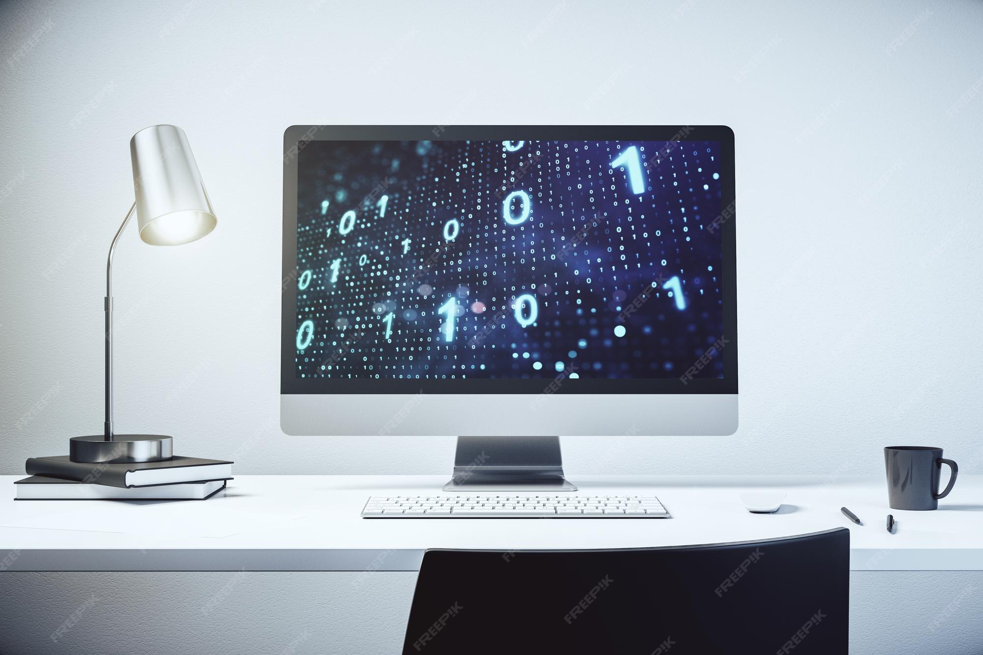 Premium Photo | Modern computer monitor with creative abstract binary code hologram database and ...