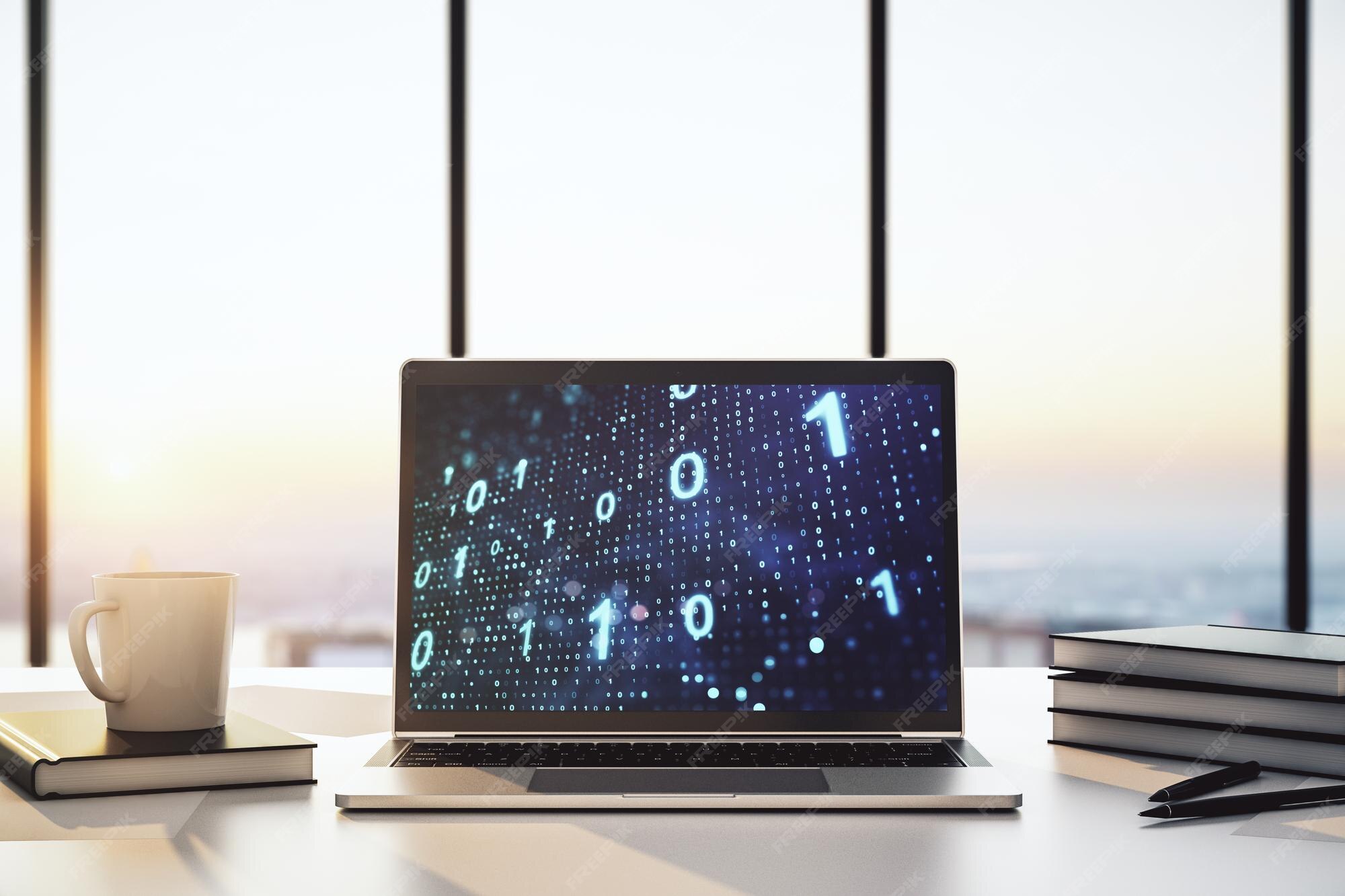 Premium Photo | Modern computer monitor with creative abstract binary code hologram database and ...