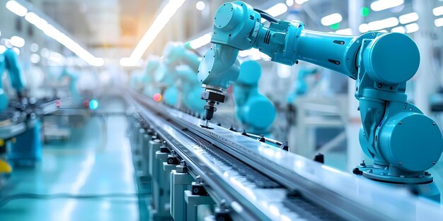 Modern factory with robotic arms automating electronic assembly line ... Modern factory with robotic arms automating electronic assembly line ...