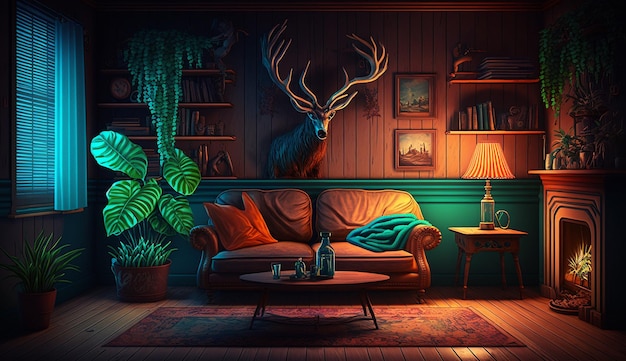 Premium AI Image | Modern fantastic home neon illustration living room ... Premium AI Image | Modern fantastic home neon illustration living room ...